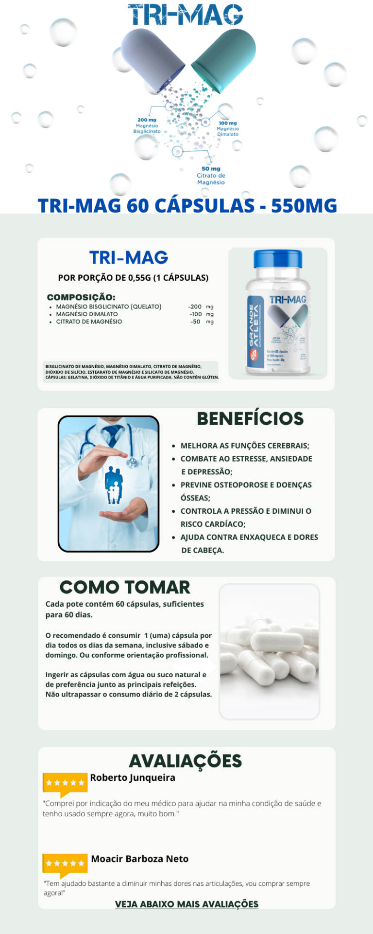 Tri-Mag: Magnésio Dimalato, Quelato e Citrato - 60 cápsulas